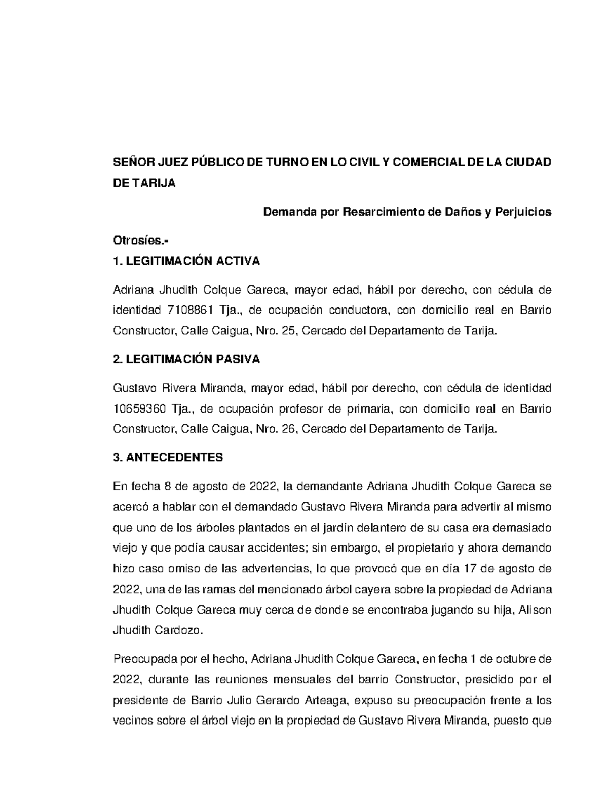 5 Demanda Civil POR Resarcimiento DE Danos Y Perjuicios - SEÑOR JUEZ ...