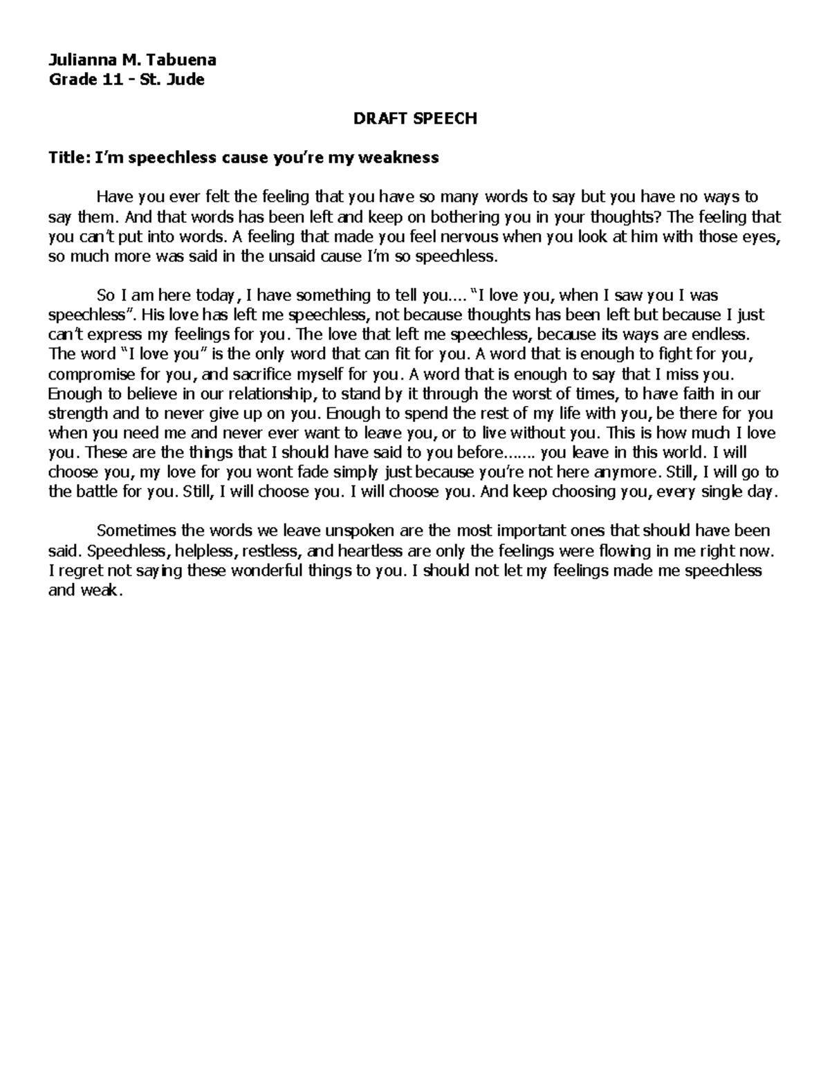 Draft speech tabuena,julianna - Julianna M. Tabuena Grade 11 - St. Jude ...