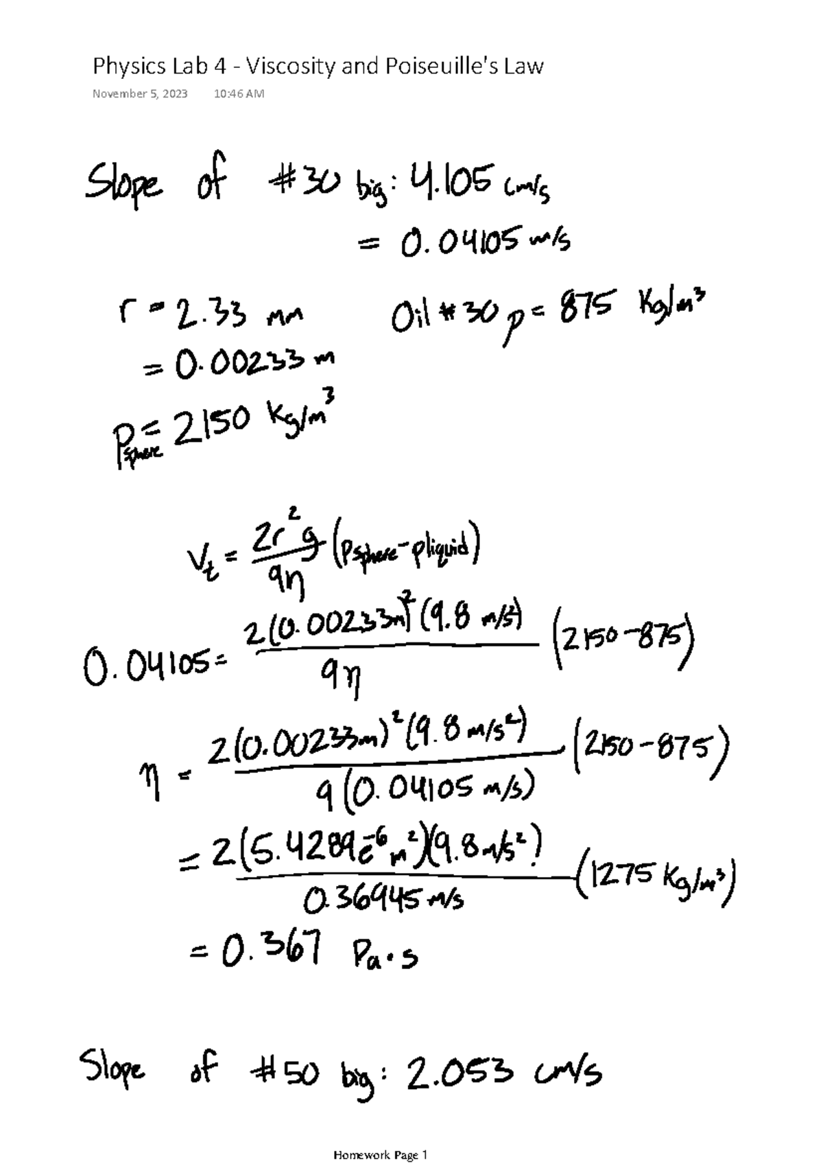 Physics Lab 4 - Viscosity and Poiseuille's Law - Pressure Difference ...