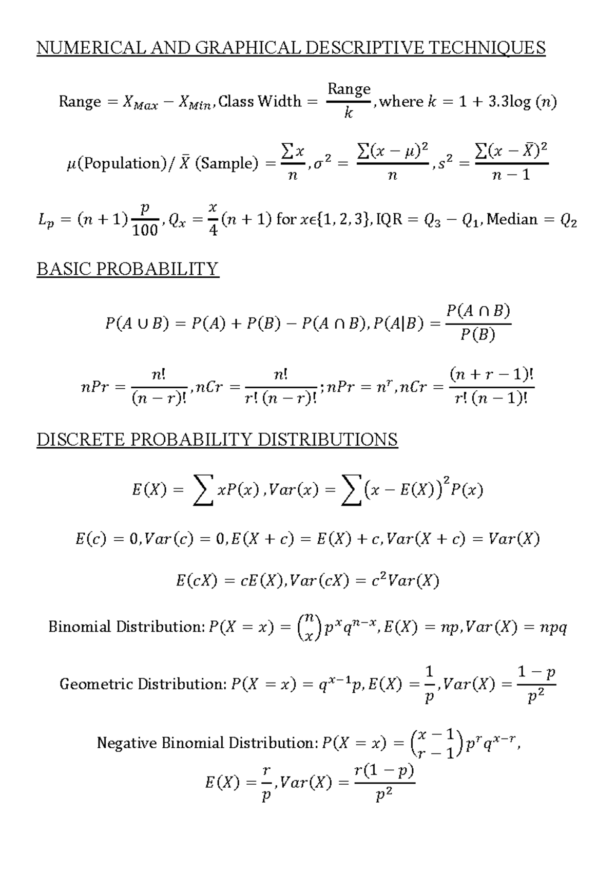 Statistical formulae and tables-1 - NUMERICAL AND GRAPHICAL DESCRIPTIVE TECHNIQUES Range = 𝑋 𝑀𝑎𝑥 ...