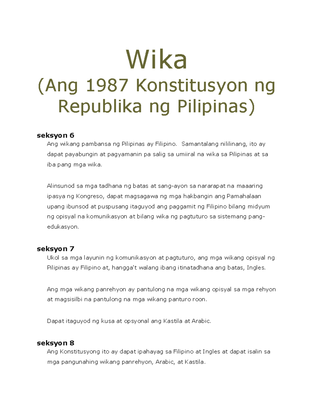 Filipino - Credits to the rightful owner! - Wika (Ang 1987 Konstitusyon ...
