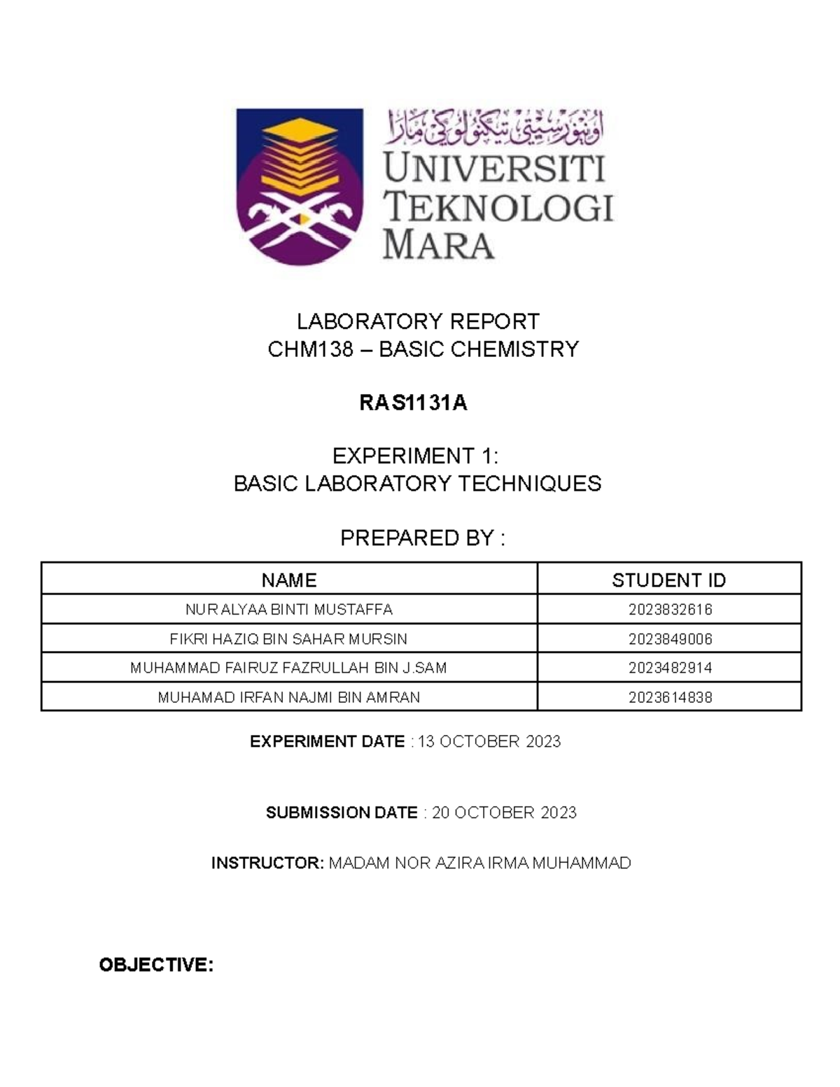LAB Report CHM138 (1) - yes - LABORATORY REPORT CHM138 – BASIC CHEMISTRY RAS1131A EXPERIMENT 1 ...