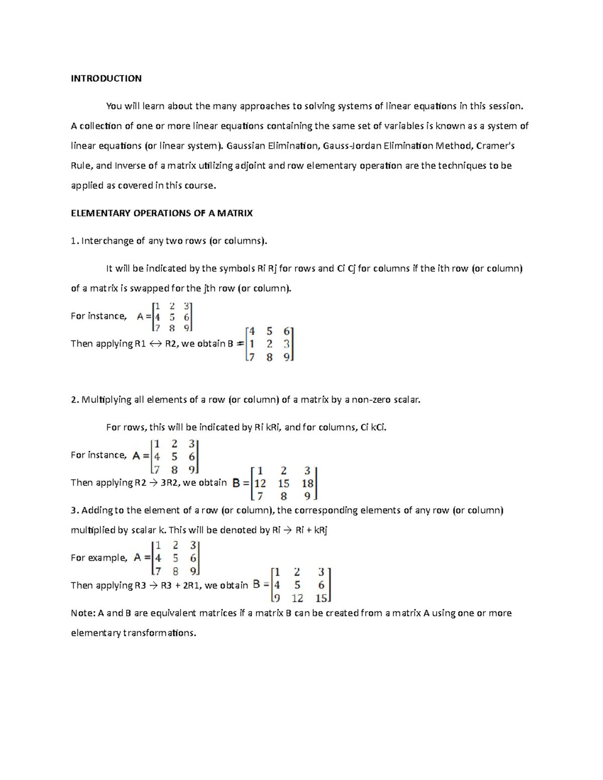Elementary Operations OF A Matrix - INTRODUCTION You will learn about ...