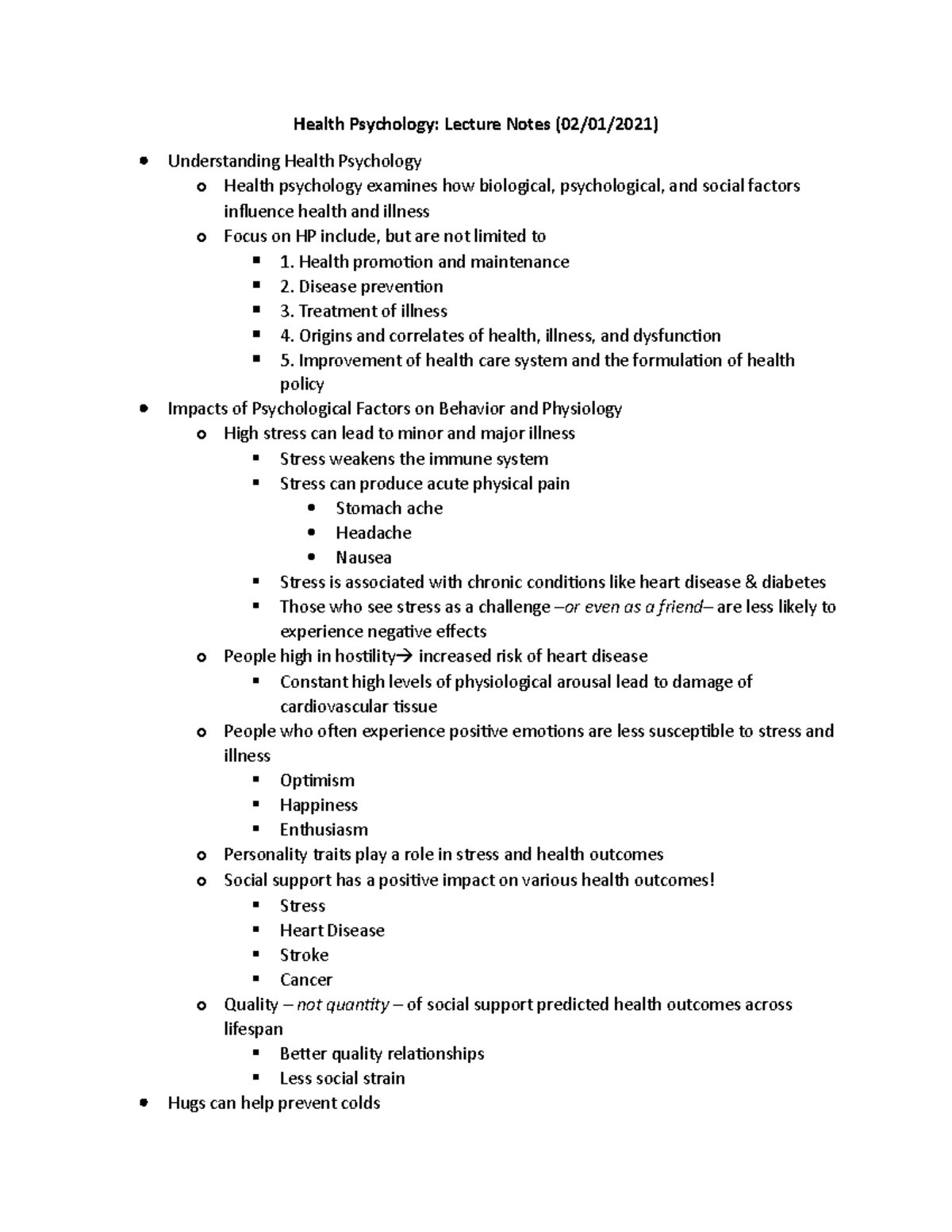 Lectures 1 and 2 - Health Psychology: Lecture Notes (02/01/2021 ...