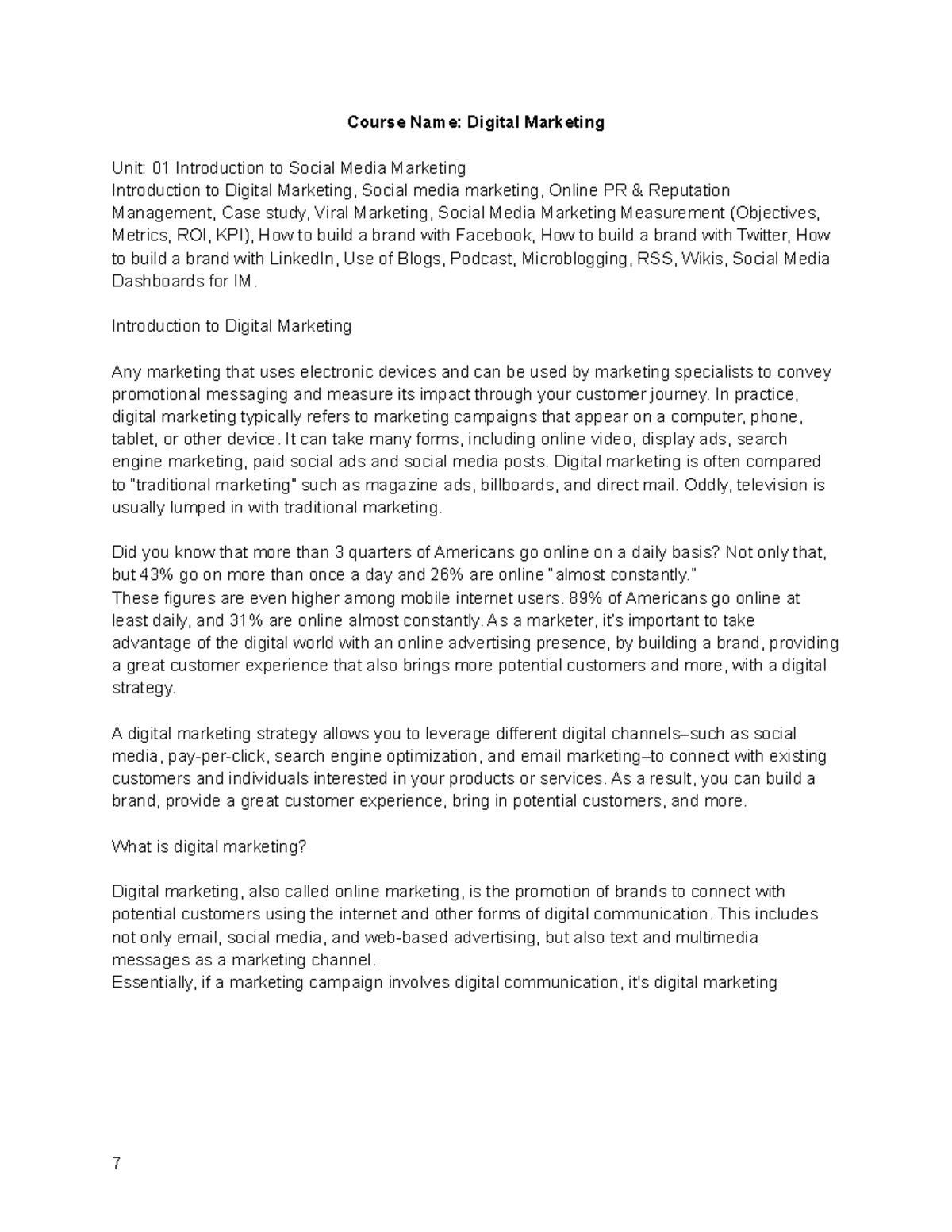 Dm Unit 1 Notes ~ Saurabh Mishra Course Name Digital Marketing Unit 01 Introduction To
