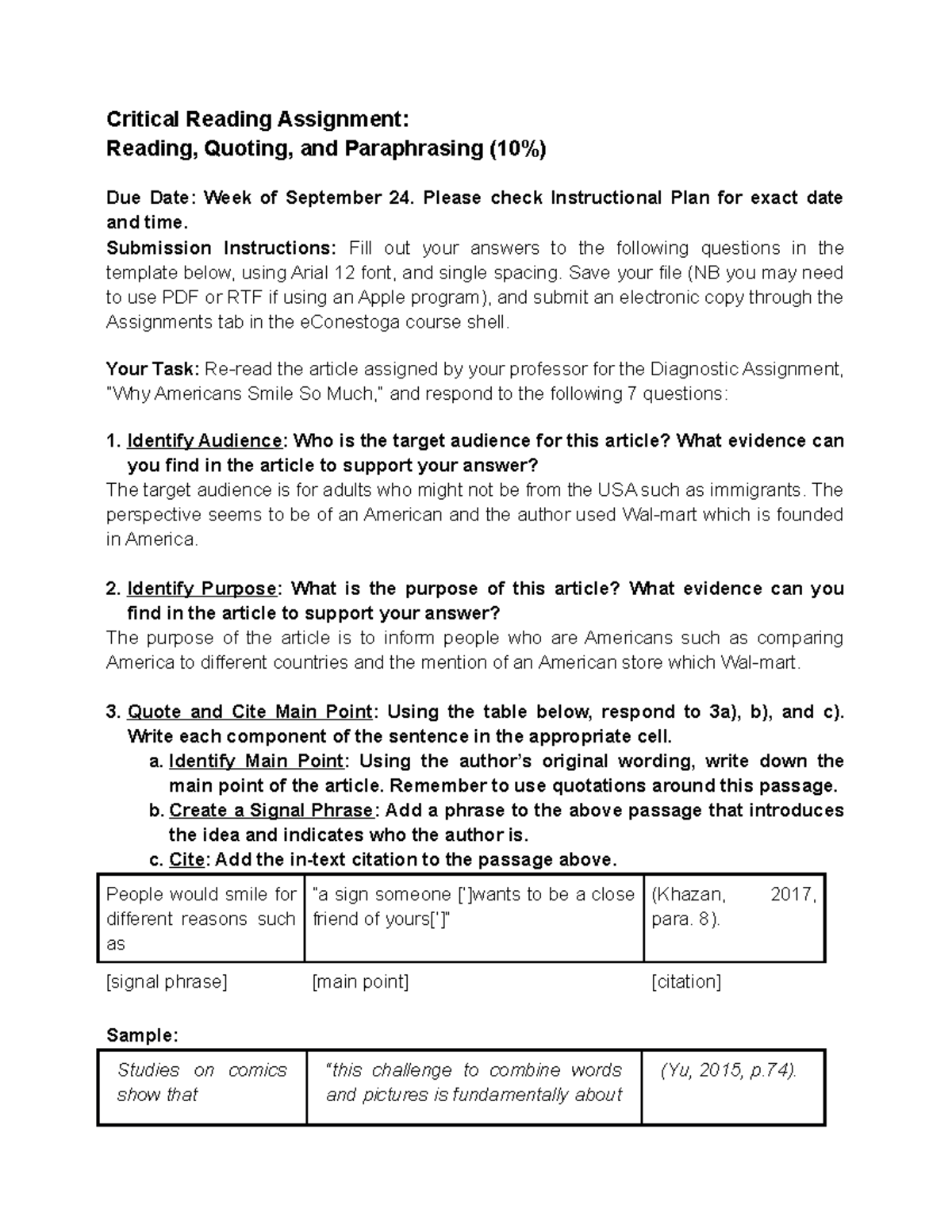 Critical Reading Assignment - Critical Reading Assignment: Reading ...