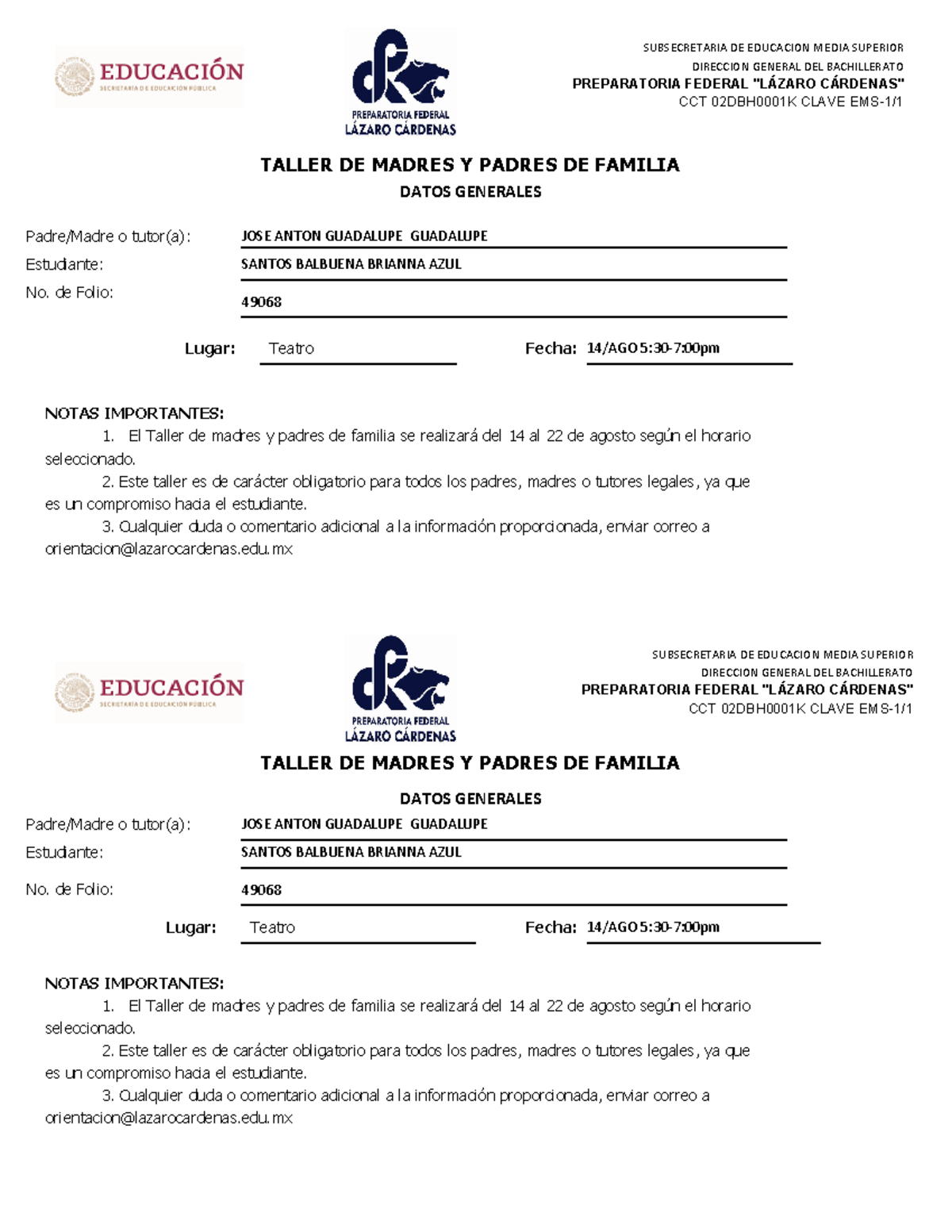 Hoja De Registro Para Los Padres De La Sala