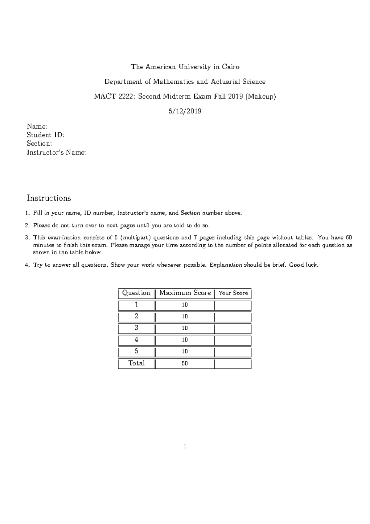 Sample Exam Midterm 2 - revision exams - The American University in Cairo Department of ...