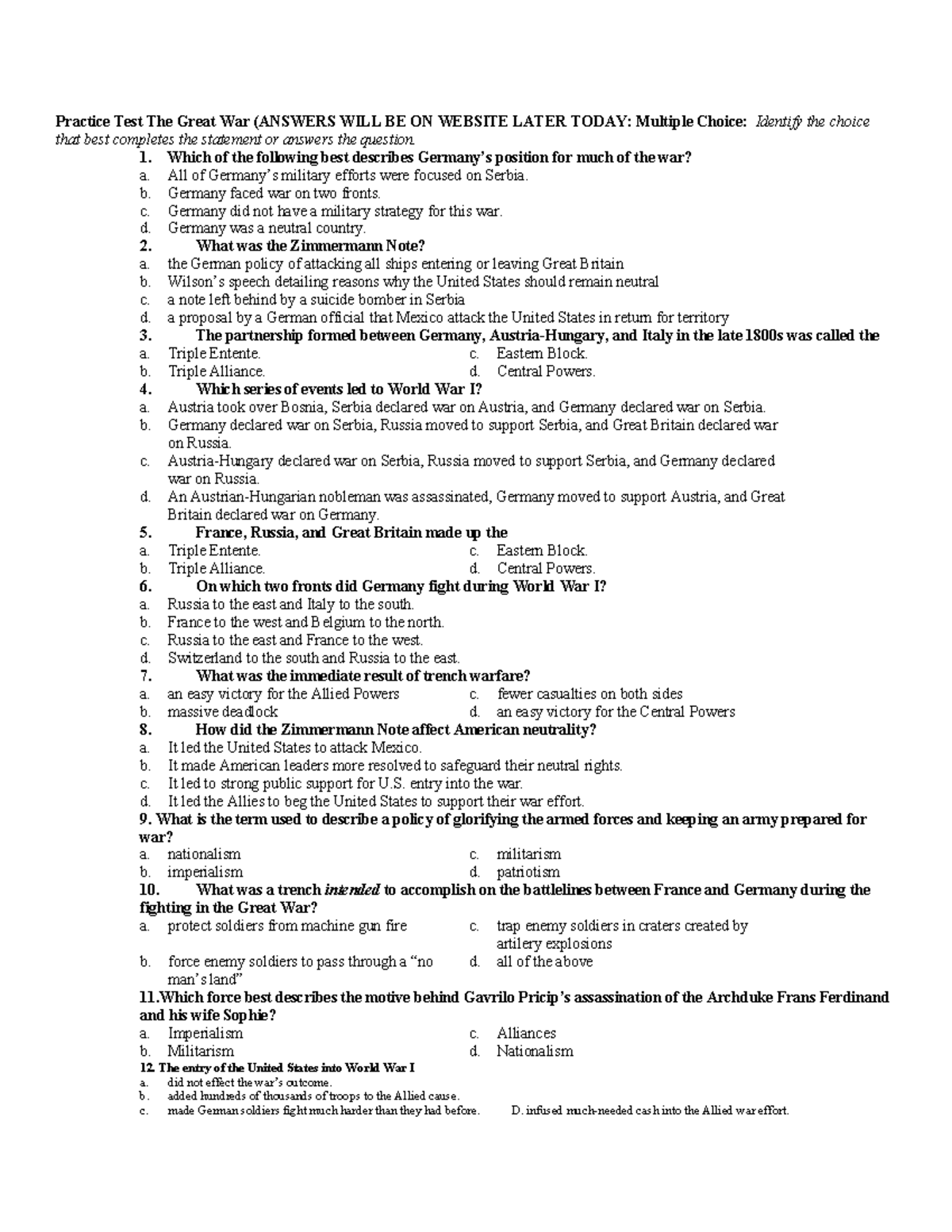 Practice MC The Great War - Practice Test The Great War (ANSWERS WILL ...
