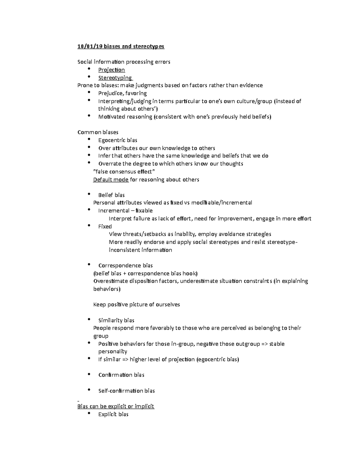 Biases and Stereotypes - Lecture notes 12 - 10/01/19 biases and ...