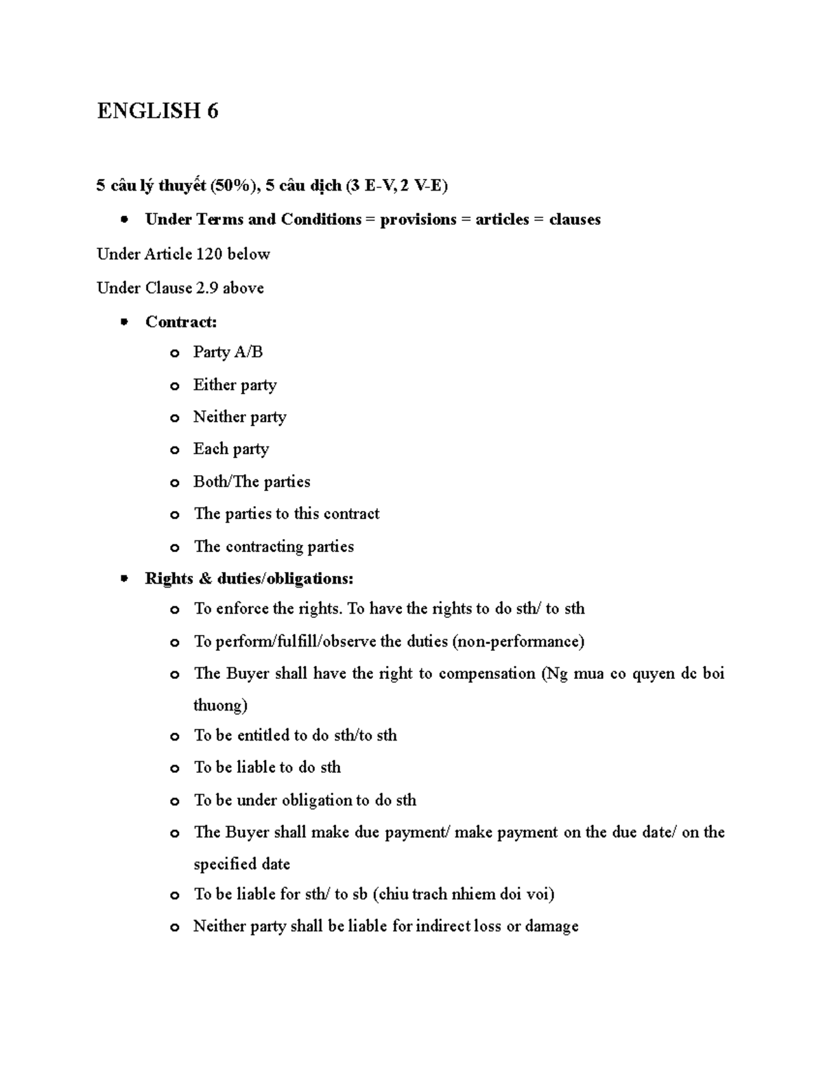 English 6 - Note - ENGLISH 6 5 câu lý thuyết (50%), 5 câu dịch (3 E-V ...