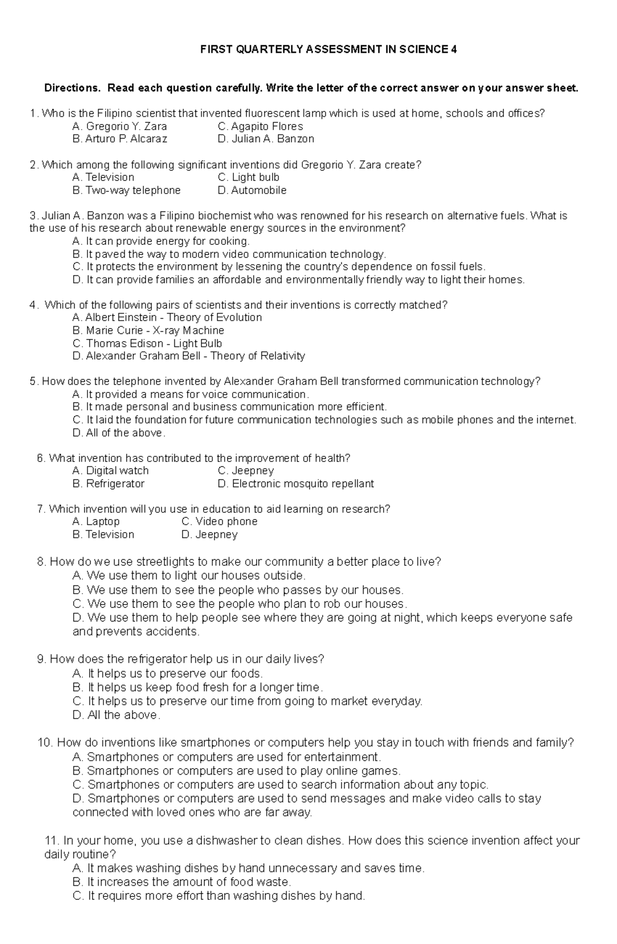 First Quarterly Assessment IN Science 4 2024-2025 - FIRST QUARTERLY ...