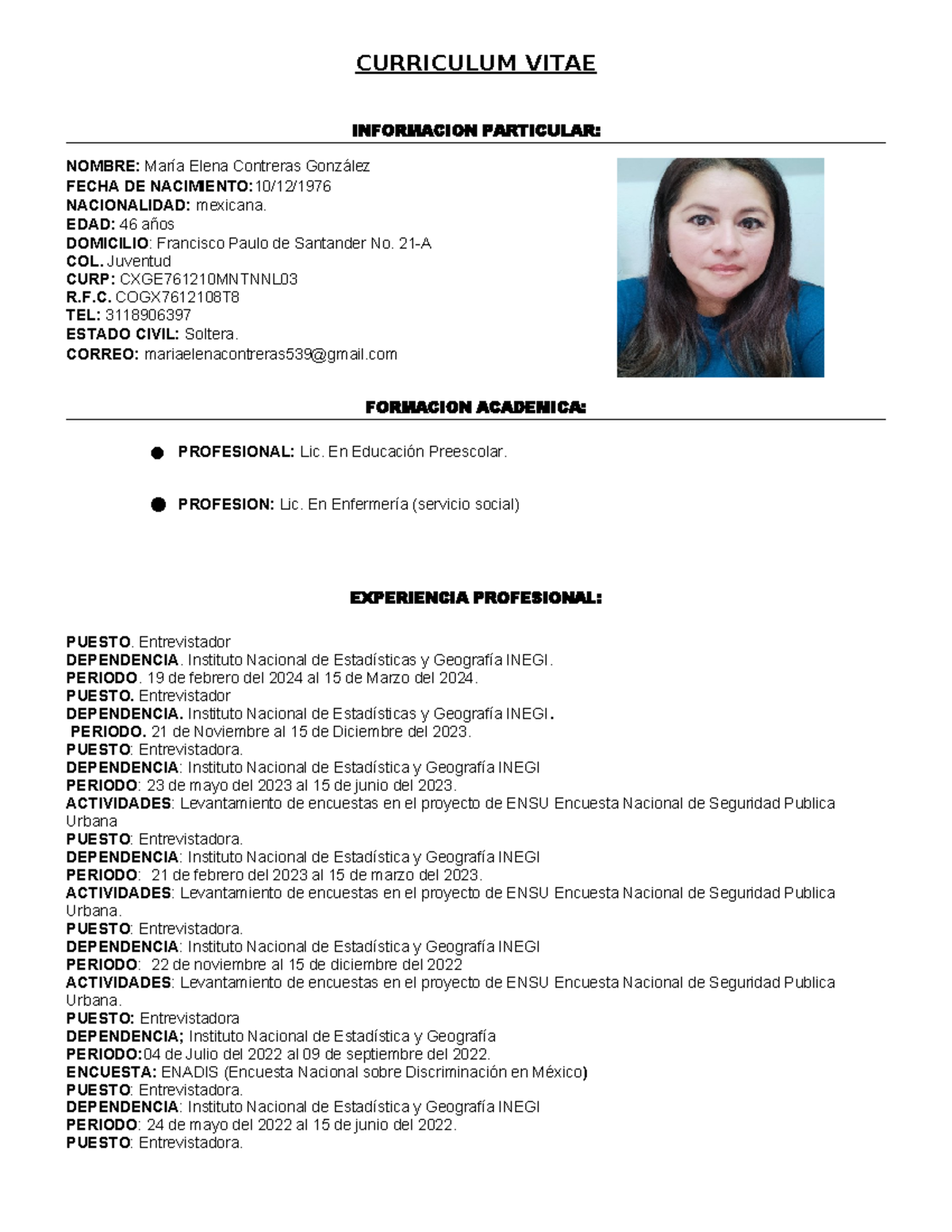 CV-2024- Maria Elenasin fecha - CURRICULUM VITAE INFORMACION PARTICULAR ...