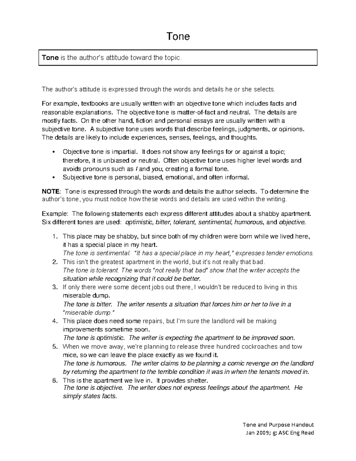 Tone-and-Purpose - yee - Tone and Purpose Handout Tone Tone is the ...