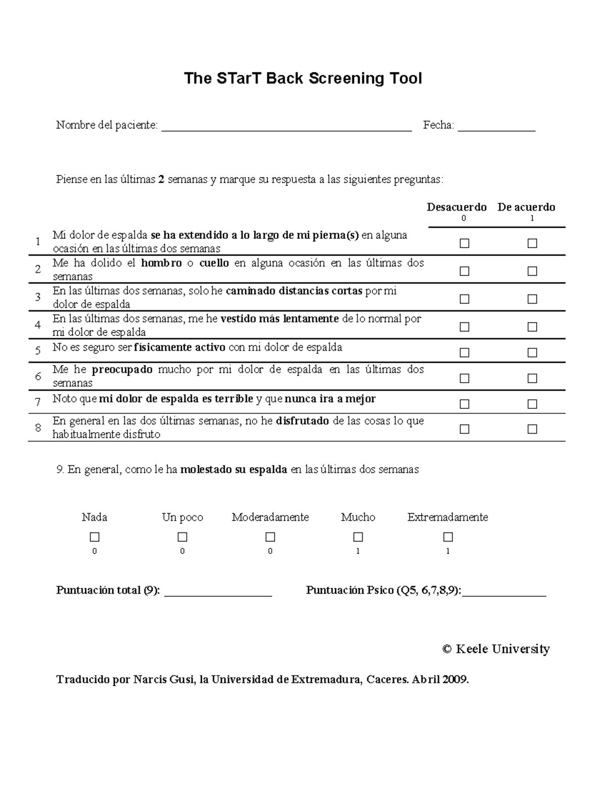 Spanish translation STar T Back Tool - The STarT Back Screening Tool ...