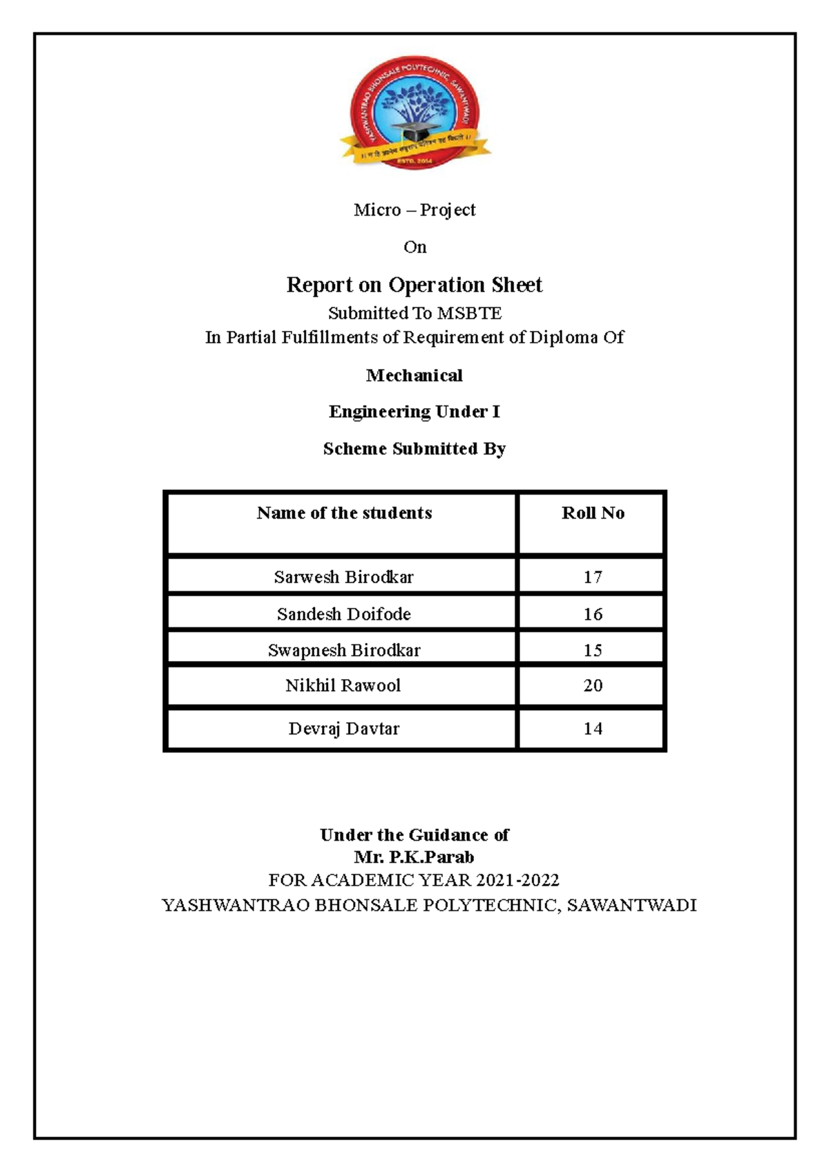 IEQ - Micro – Project On Report on Operation Sheet Submitted To MSBTE ...