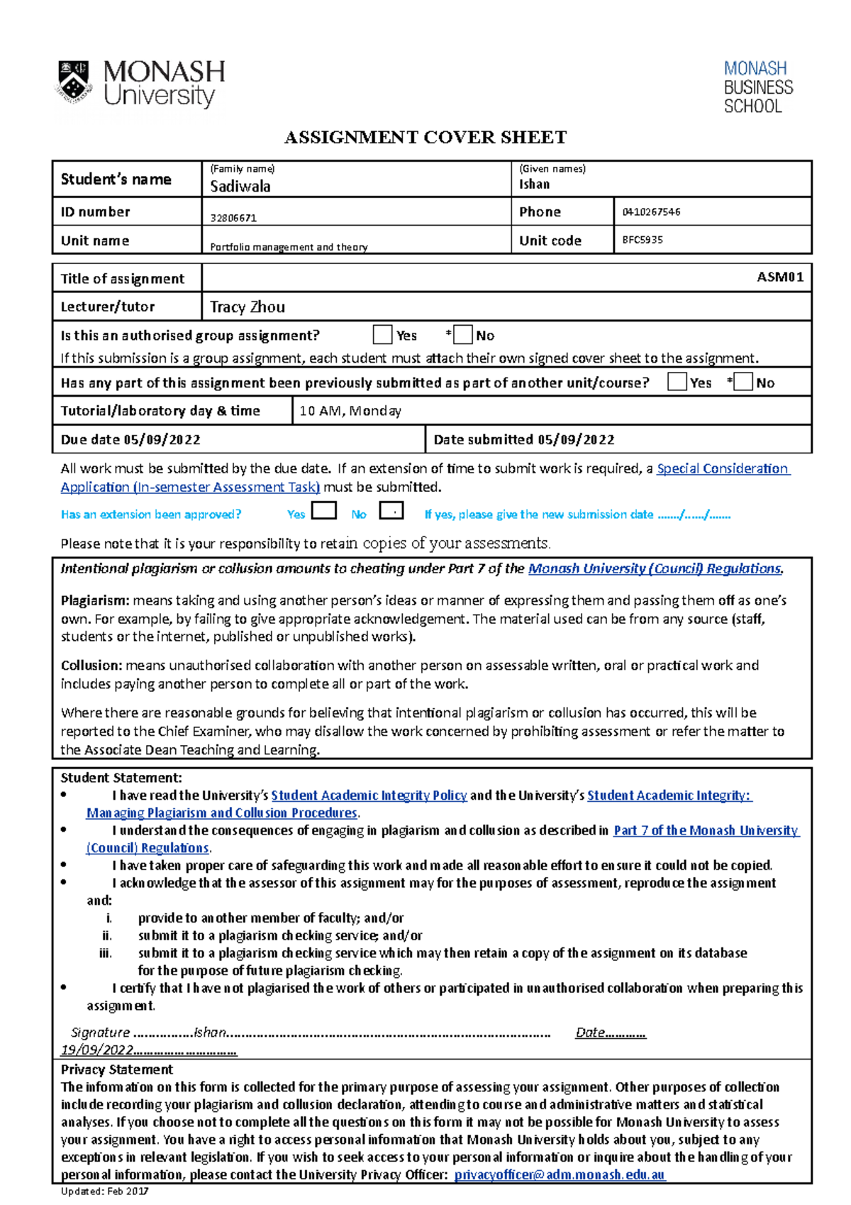 ASM Cover Sheet done - Portfolio management assignment - ASSIGNMENT ...