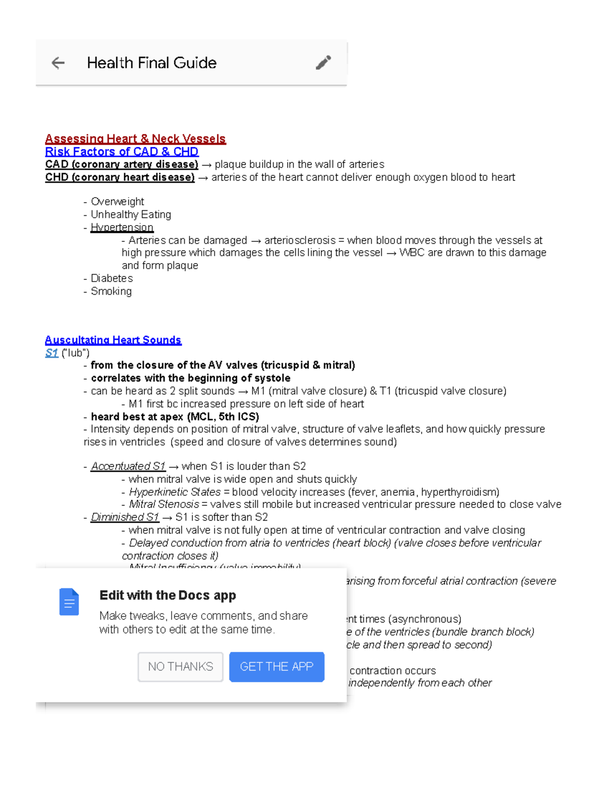 Health Final Guide - Assessing Heart & Neck Vessels Risk Factors of CAD ...