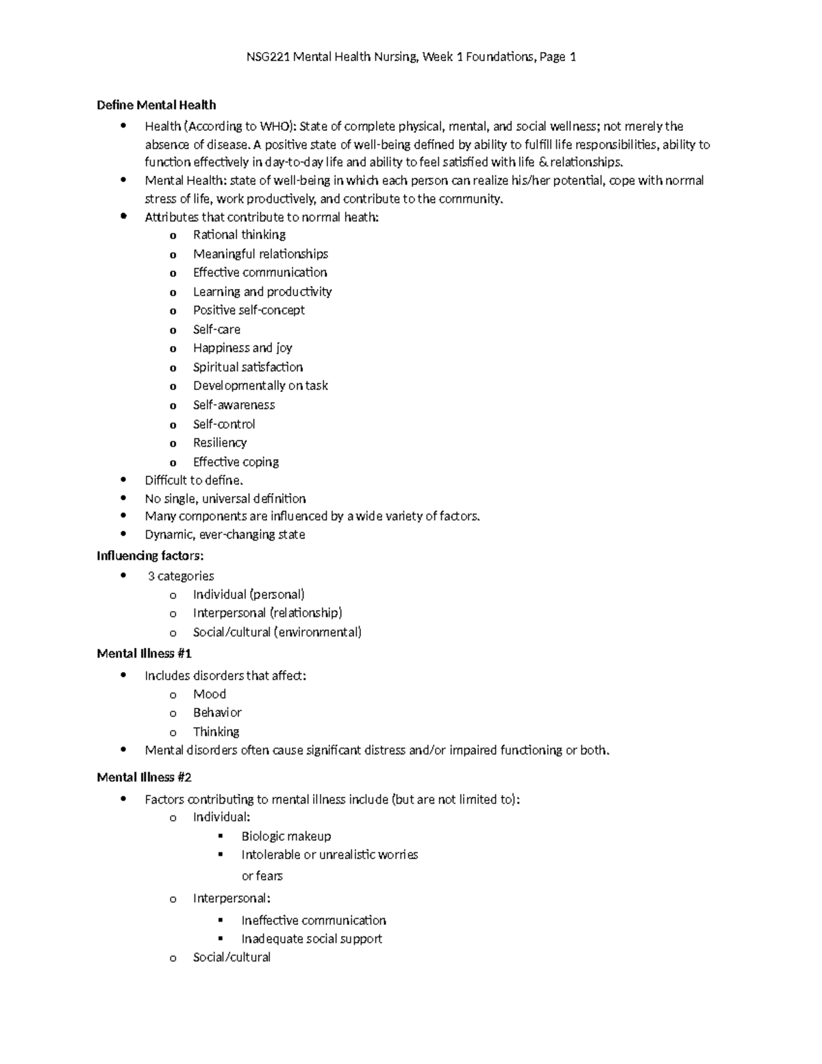 Week 1 Foundations to mental health outline - Define Mental Health ...