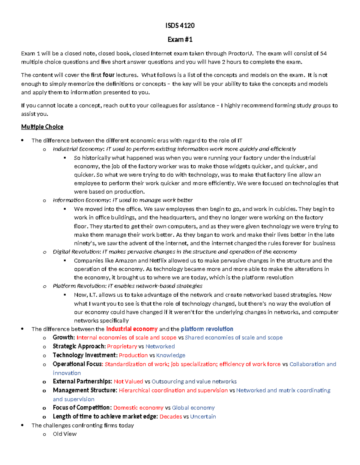 ISDS 4120 Exam 1 Study Guide - ISDS 4120 Exam Exam 1 will be a closed ...