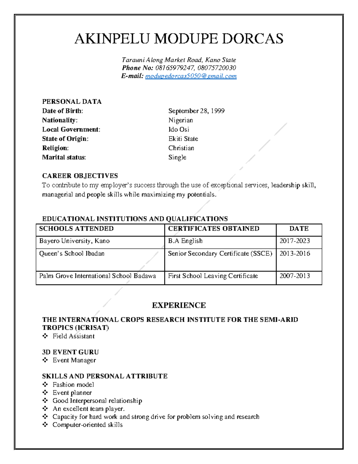 Akinpelu Modupe Dorcas CV - AKINPELU MODUPE DORCAS Tarauni Along Market ...