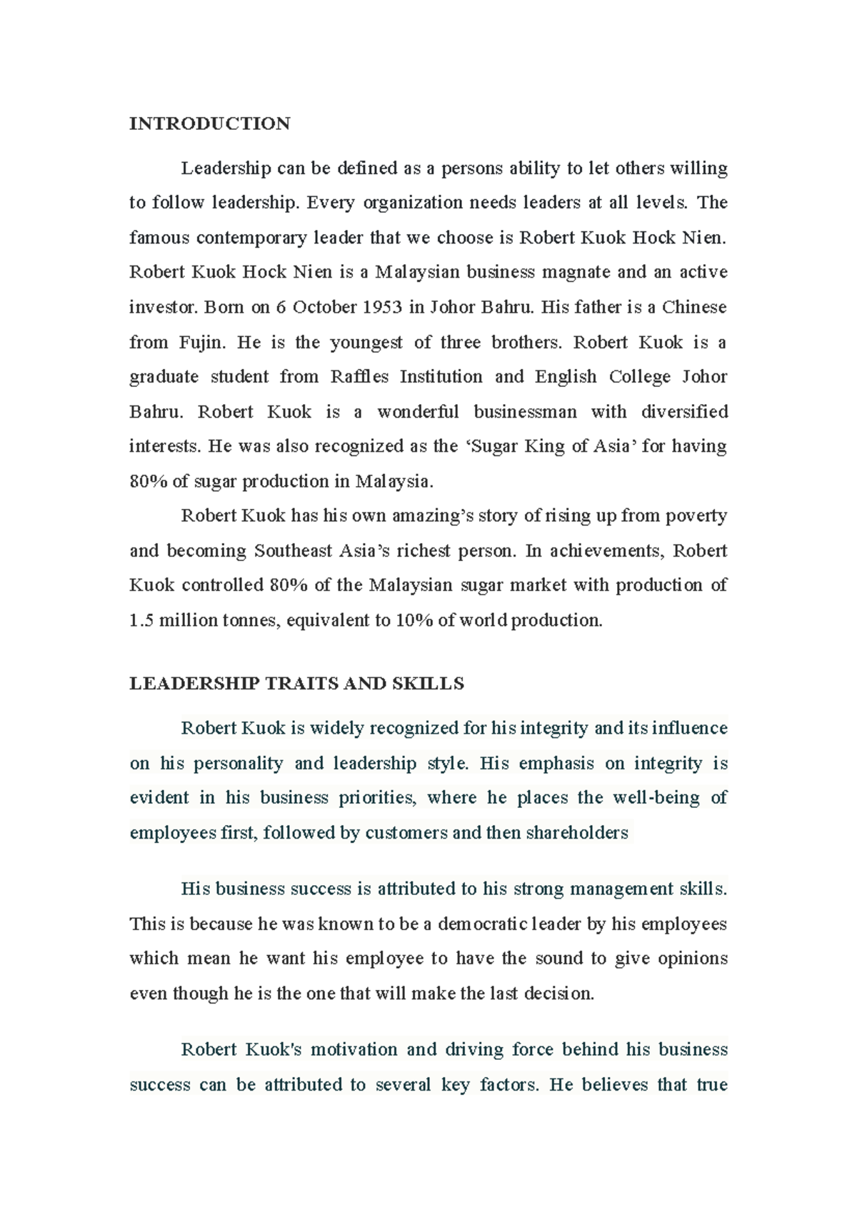 Intro & Leadership Traits & Skills - INTRODUCTION Leadership can be ...