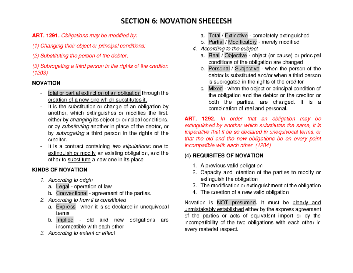 Section-6- Novation - The Law on Obligations and Contracts - ART. 1291 ...
