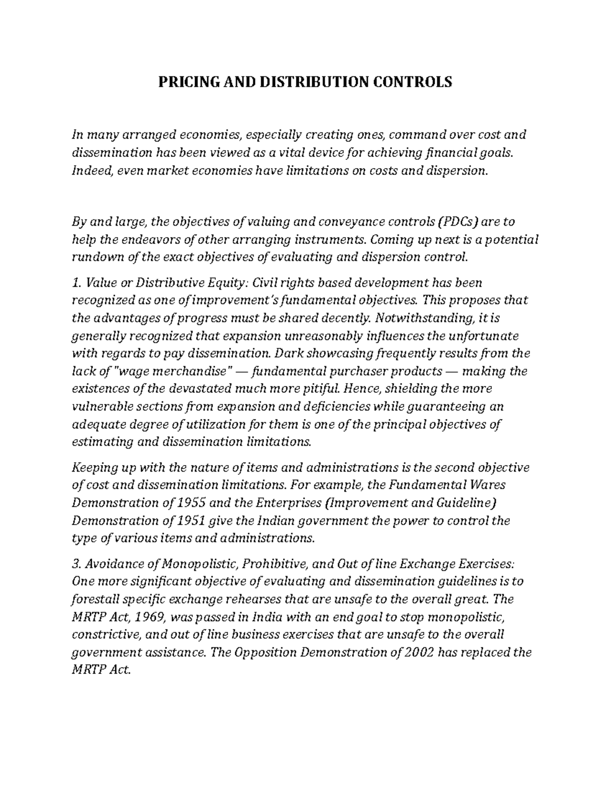 Pricing AND Distribution Controls - PRICING AND DISTRIBUTION CONTROLS ...