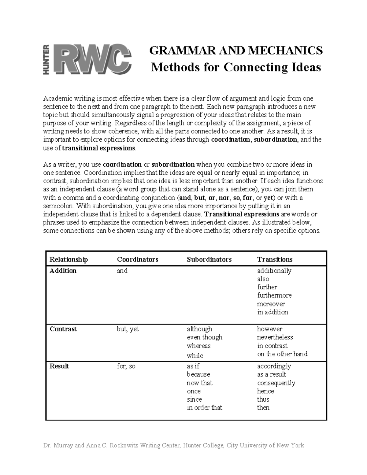 Methods for Connecting Ideas NEW - GRAMMAR AND MECHANICS Methods for ...