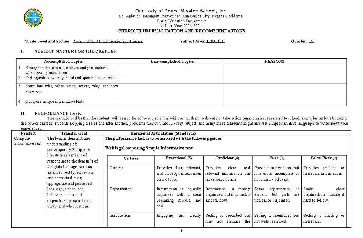 Curriculum Audit - For Private school only - Our Lady of Peace Mission ...