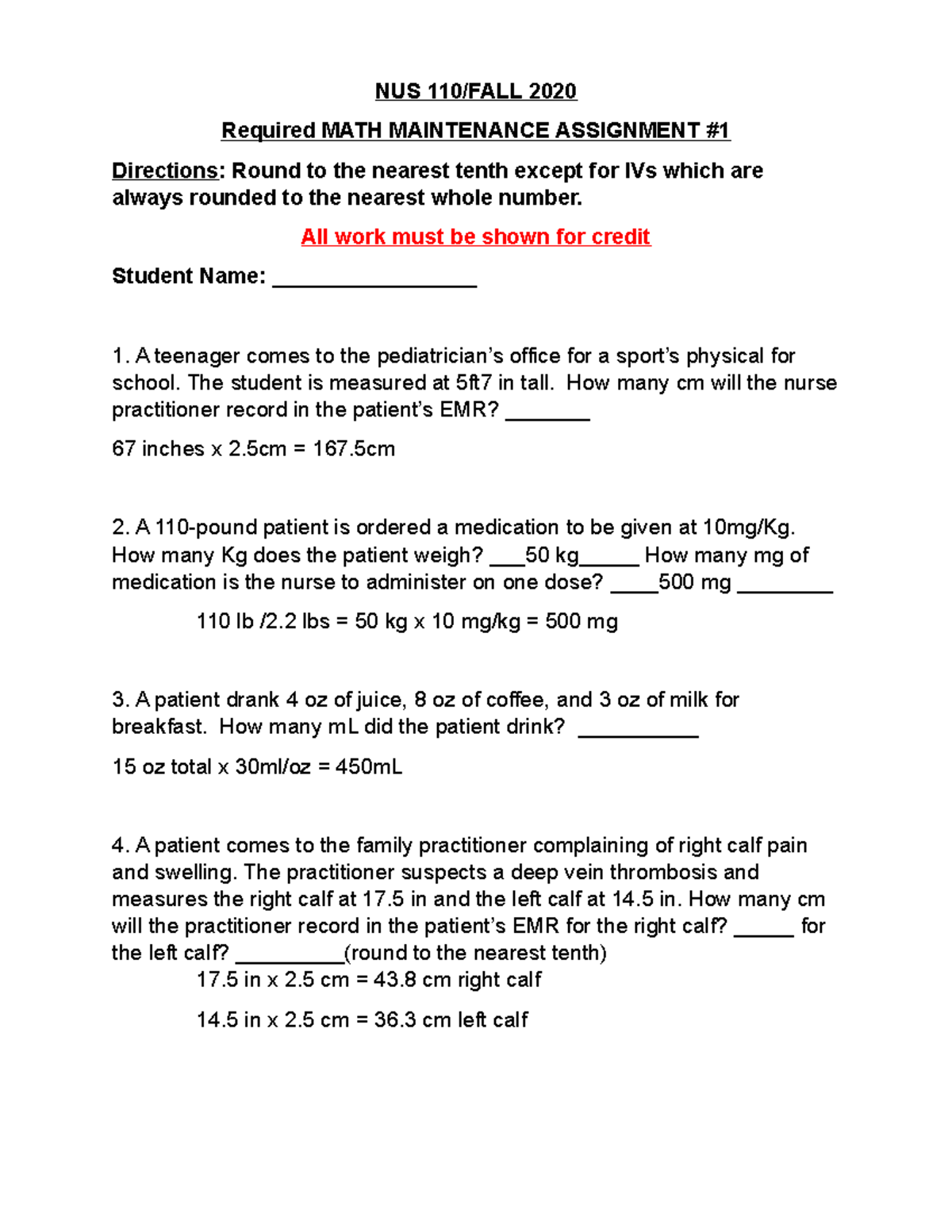 NUS 110 - Clinical math maintenance 10-5 - NUS 110/FALL 2020 Required ...