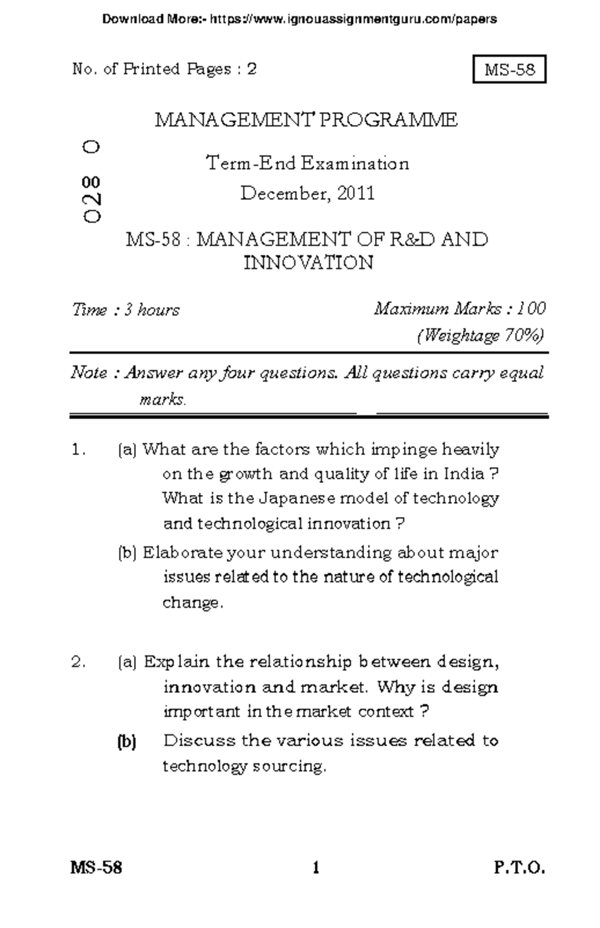 MS 58 previous year question papers by ignouassignmentguru - No. of Printed Pages : 2 MS ...