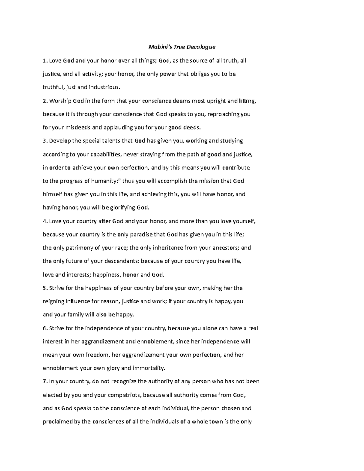 Mabini's True Decalogue - Mabini’s True Decalogue Love God and your ...