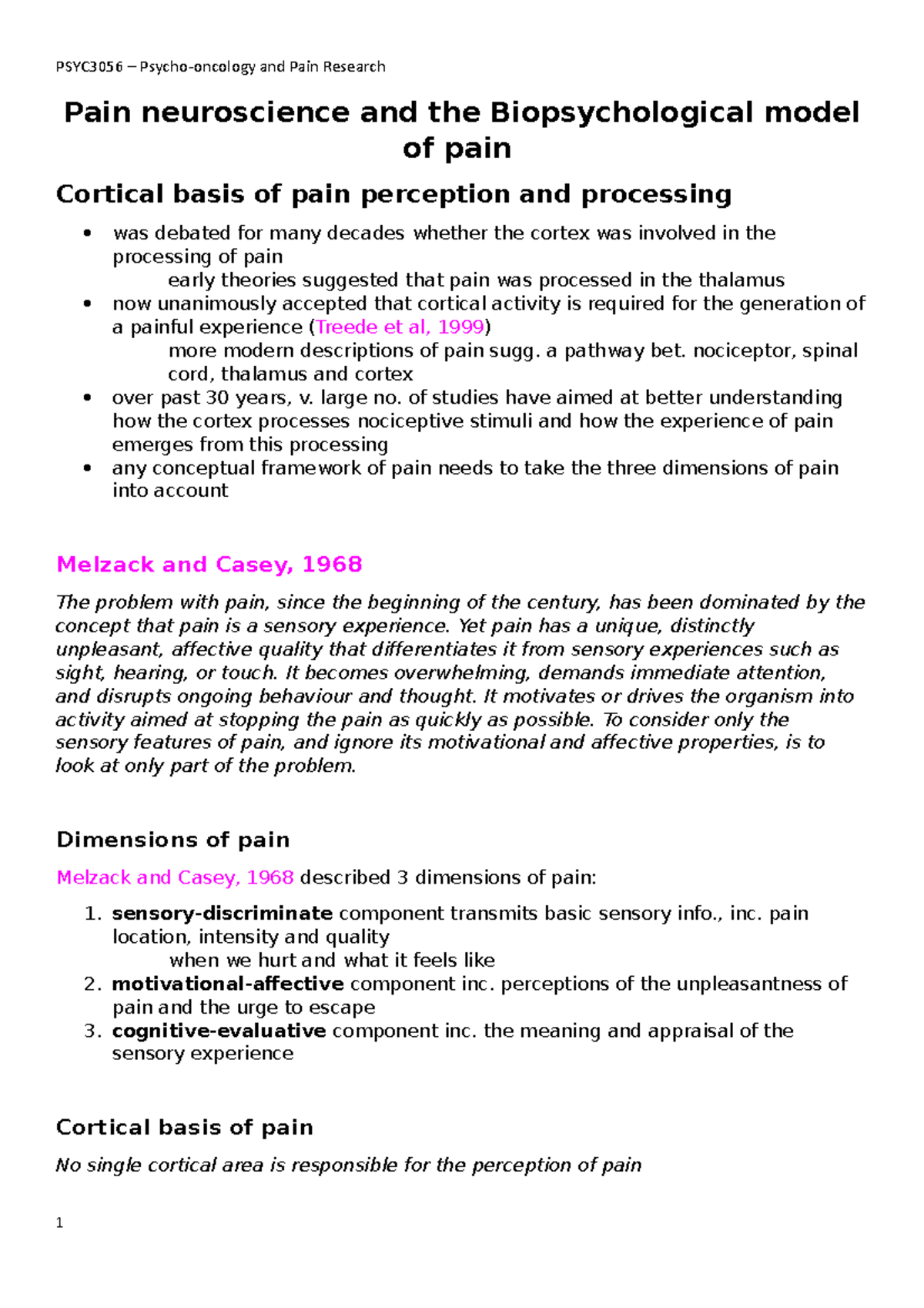 Pain neuroscience and the Biopsychological model of pain - week 3 ...