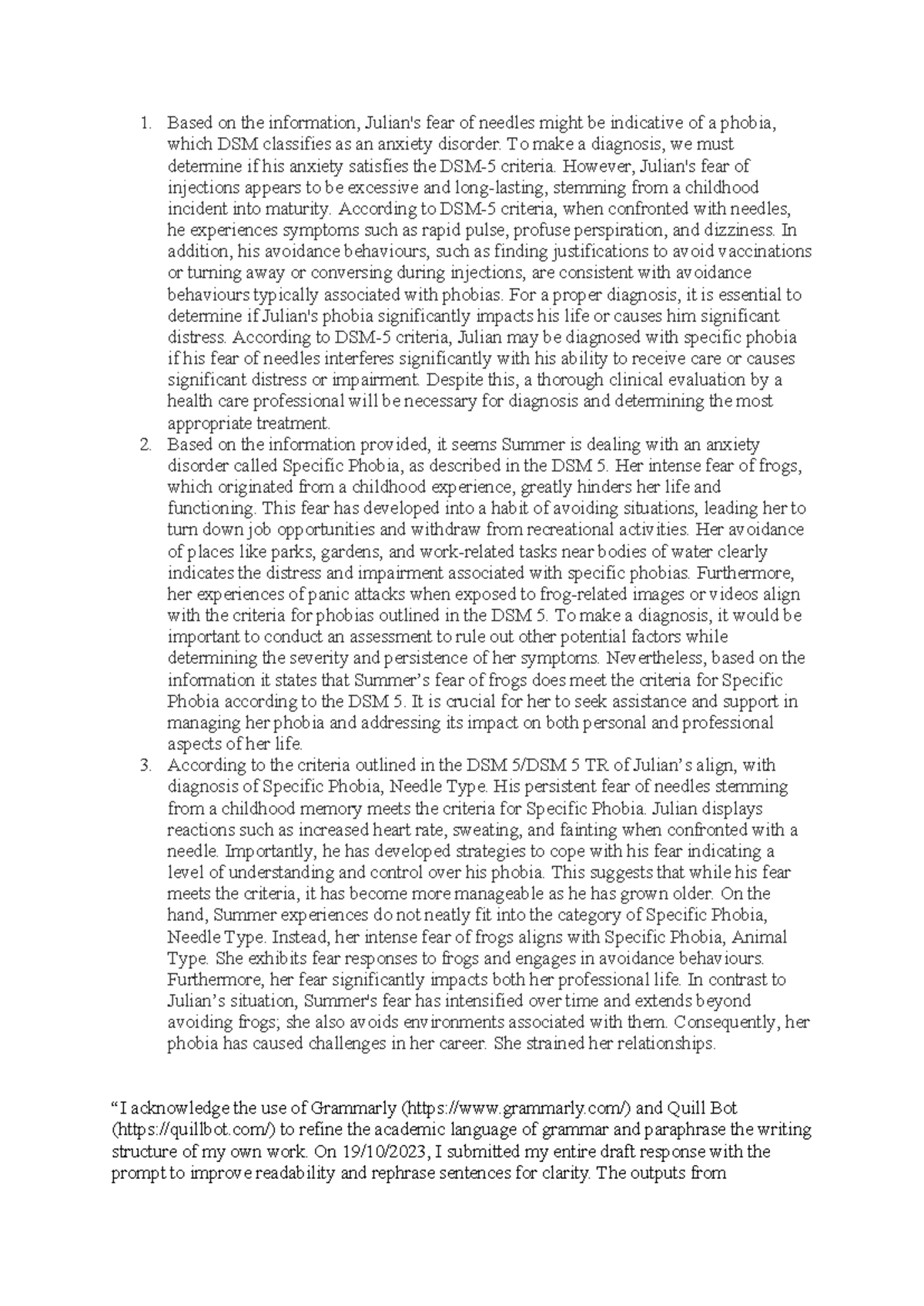 OLET1634 - Written Assignment - Based on the information, Julian's fear ...