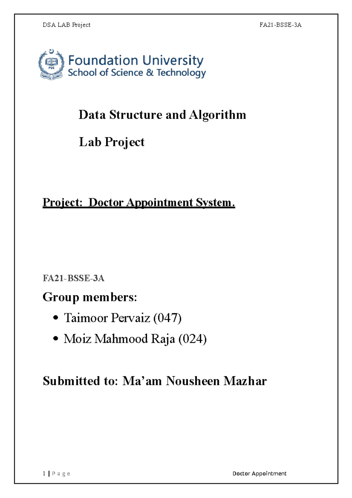 Taimoor and Moiz Project Proposal - Data Structure and Algorithm Lab Project Project: Doctor ...