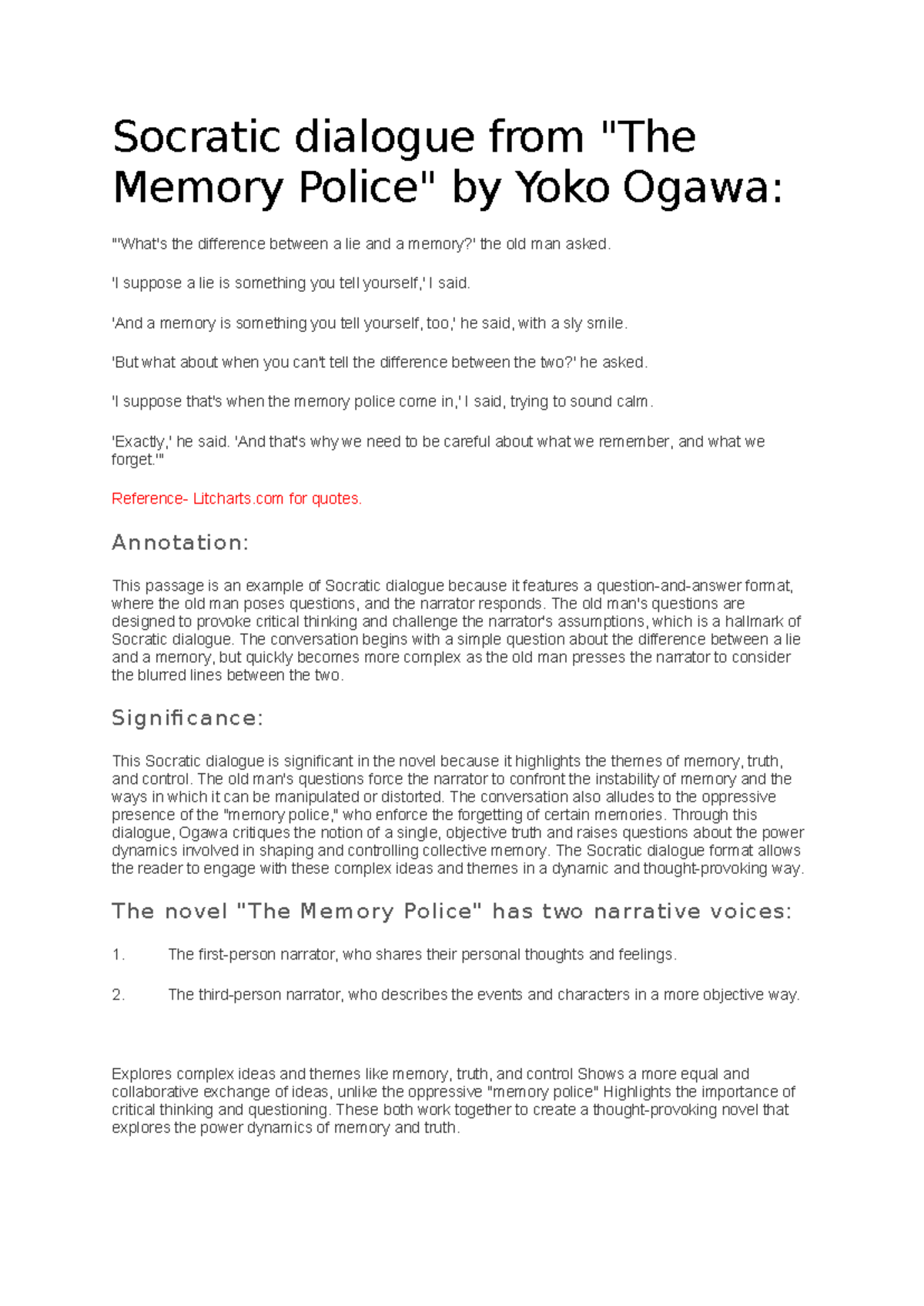Socratic diolouge - hey - Socratic dialogue from "The Memory Police" by ...