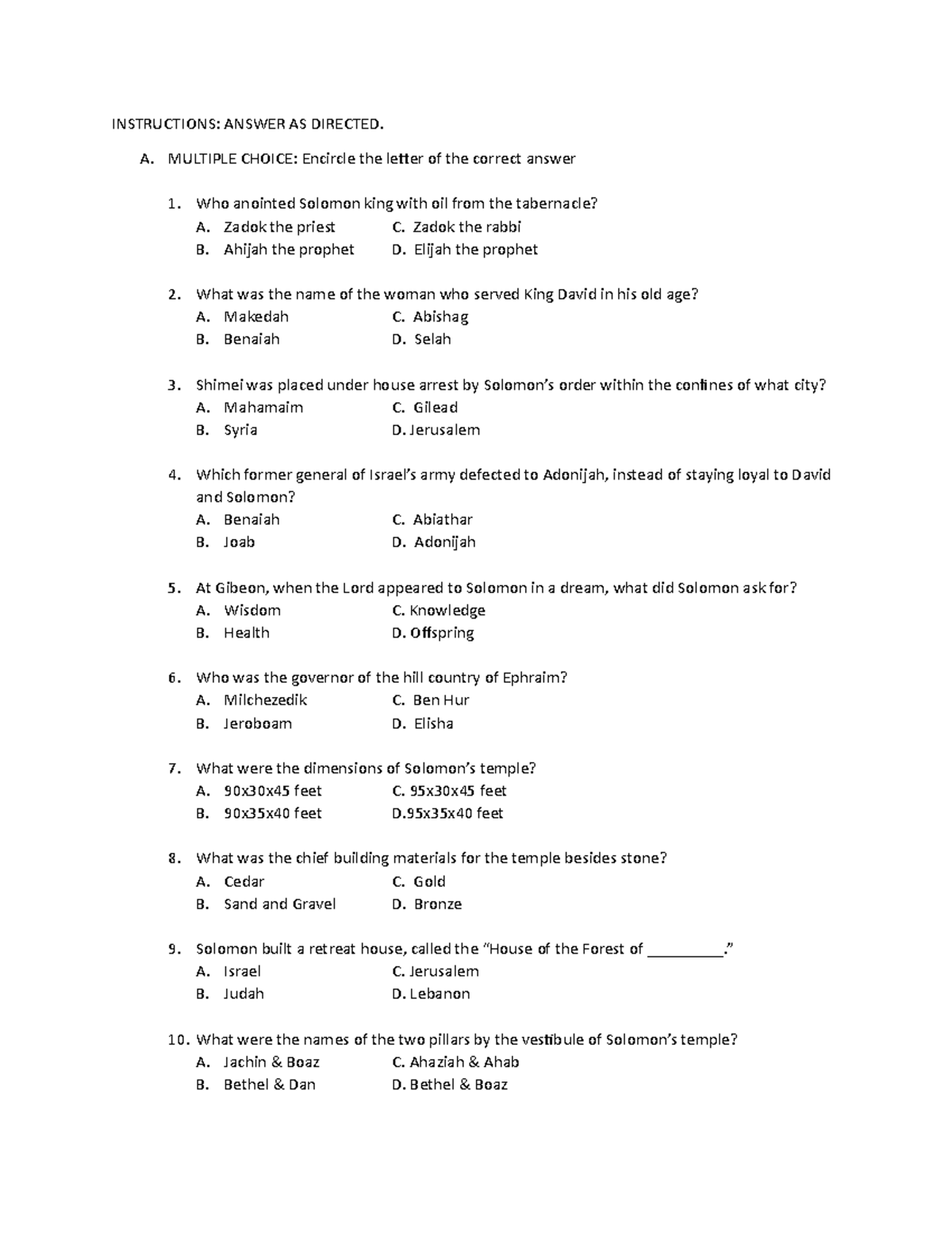 1 Kings Long Quiz - Bible Study - INSTRUCTIONS: ANSWER AS DIRECTED. A ...