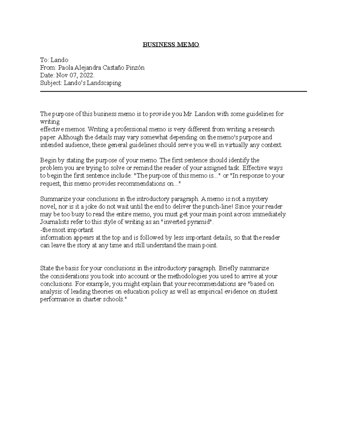 Business MEMO accounting - BUSINESS MEMO To: Lando From: Paola ...