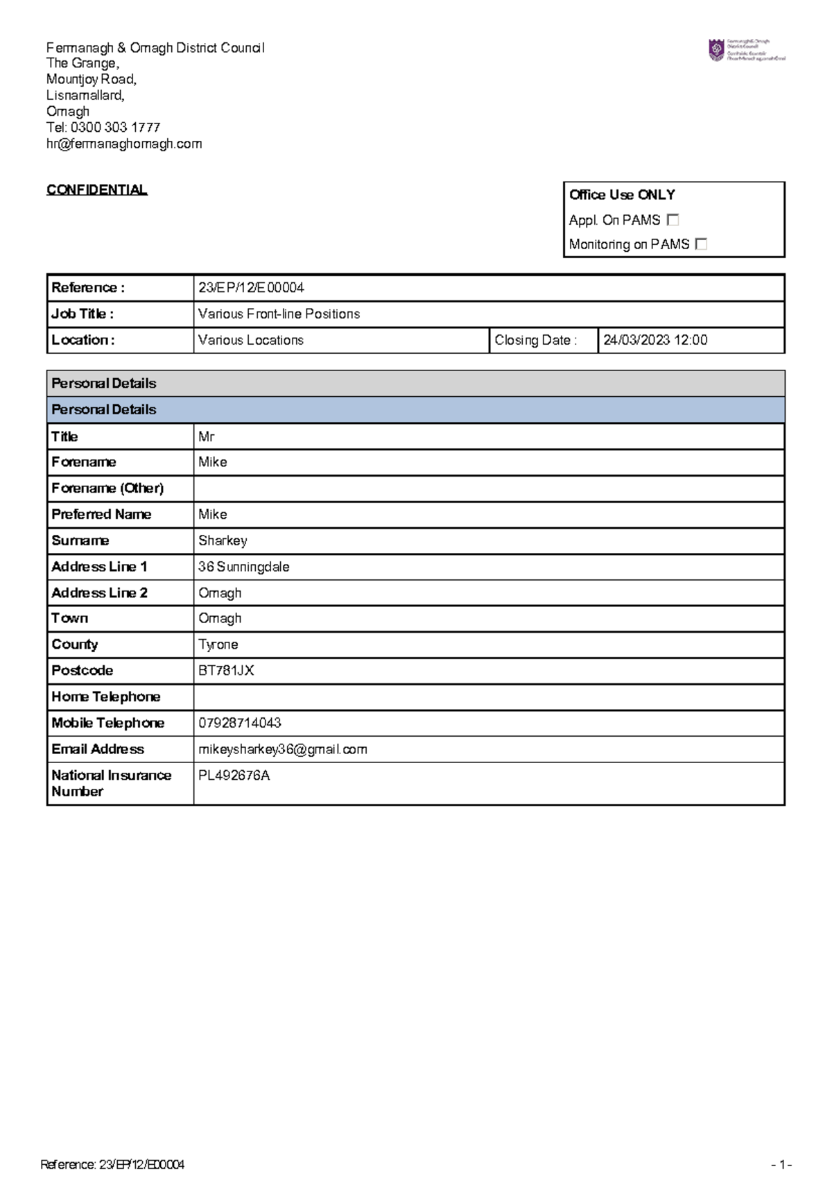 Application Form - description european assignments - Title Mr Forename ...