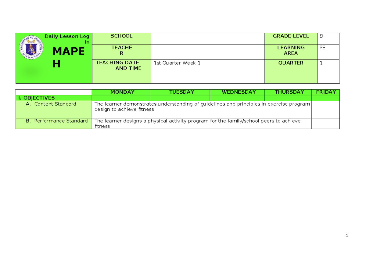 Q1 Grade 8 PE DLL Week 1 - Daily Lesson Log in MAPE H SCHOOL GRADE LEVEL 8 TEACHE R LEARNING ...