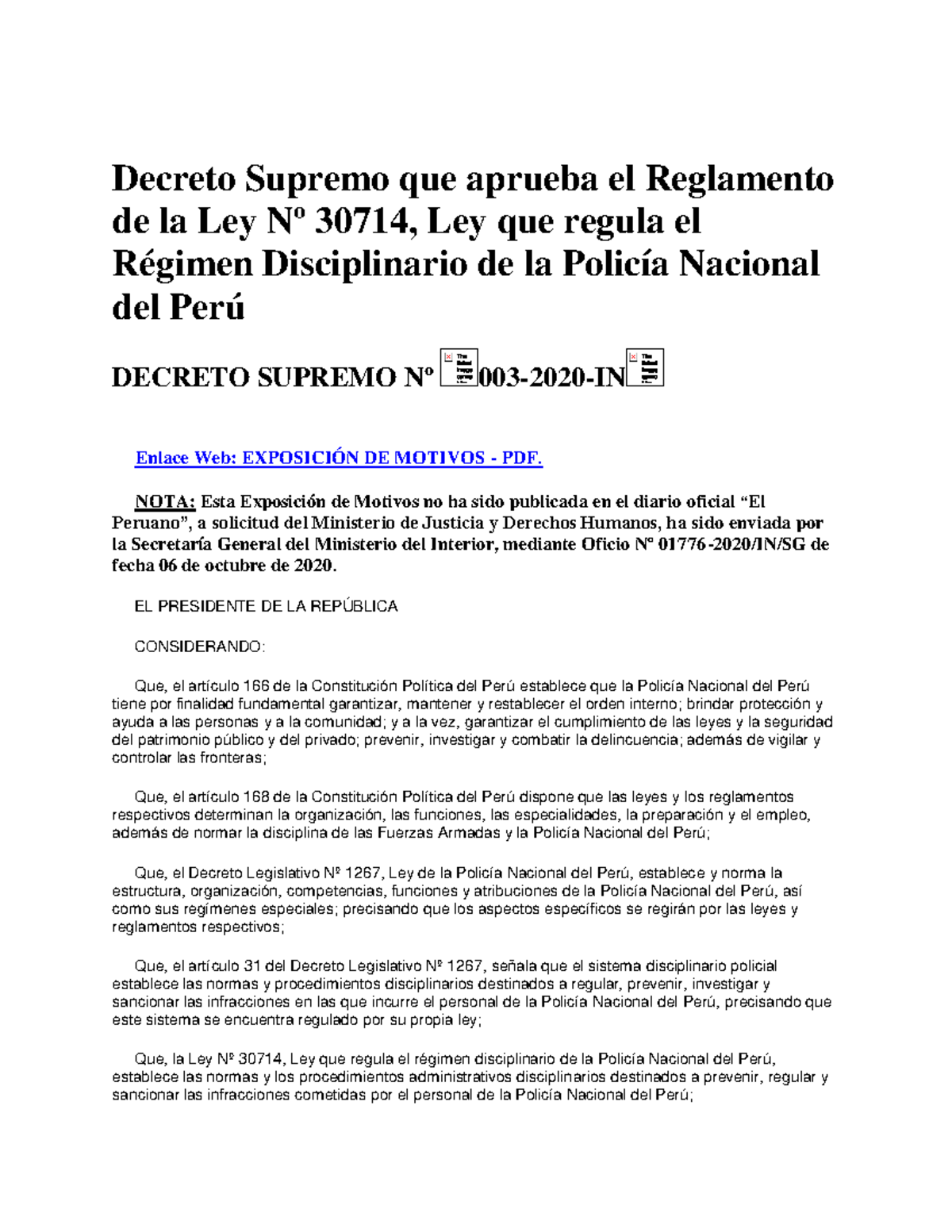 Decreto Supremo N°003-2020-IN, Reglamento de la Ley Nº 30714, Ley que regula el Régimen - Studocu
