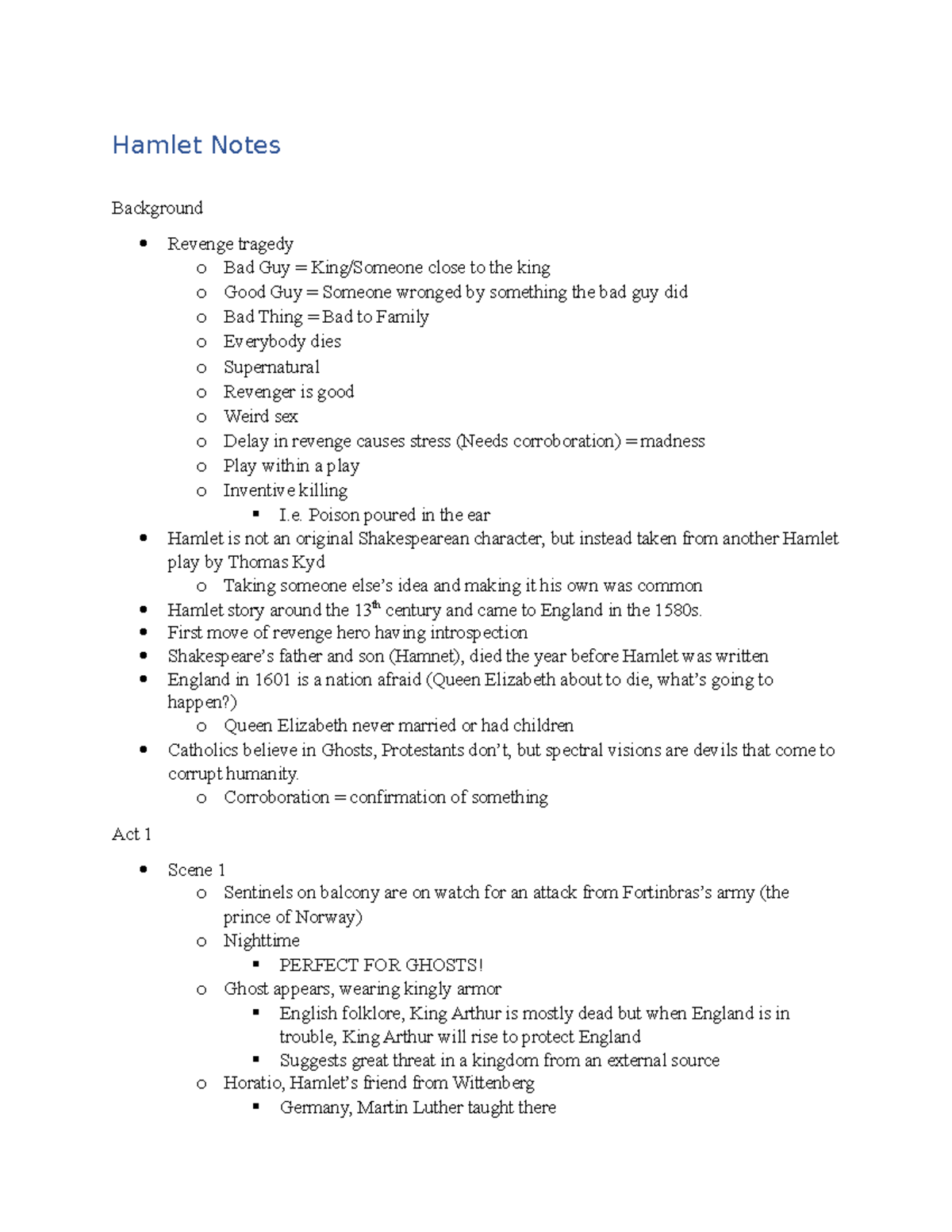 Hamlet Notes - Hamlet Notes Background Revenge tragedy o Bad Guy = King ...