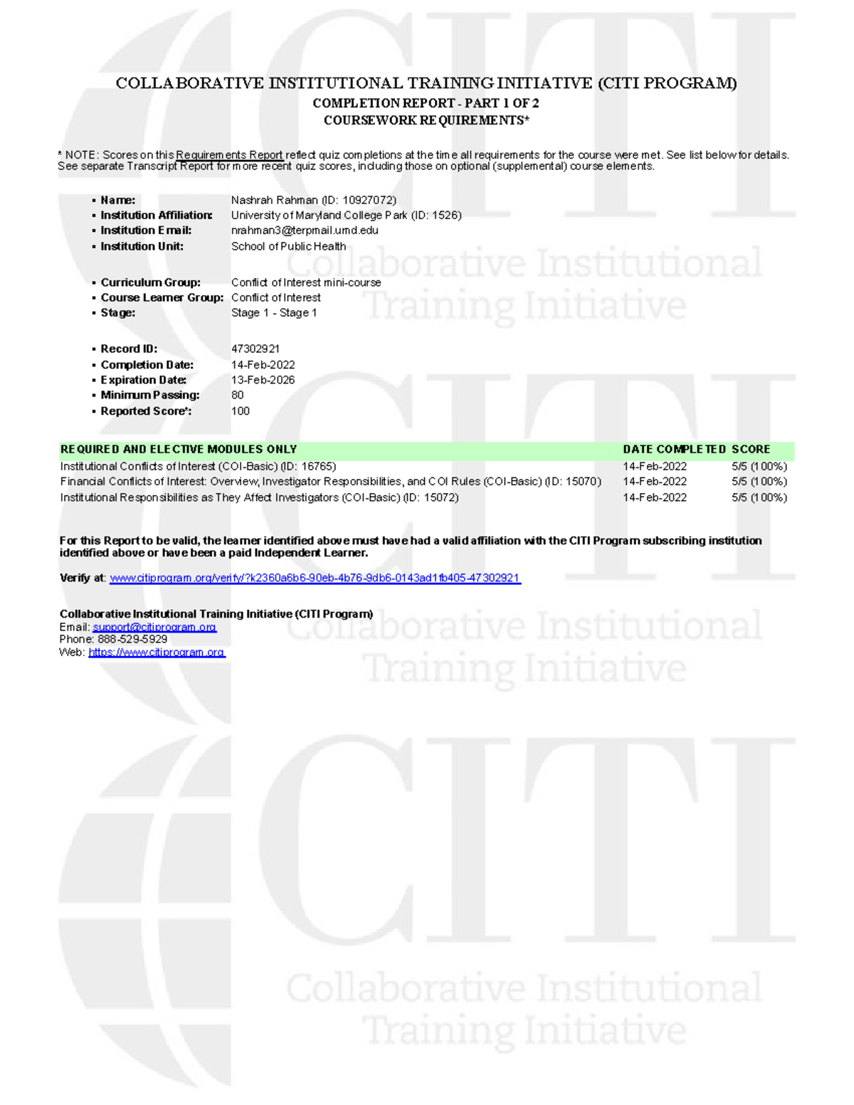 Citi Completion Report 10927072 47302921 - COLLABORATIVE INSTITUTIONAL TRAINING INITIATIVE (CITI ...