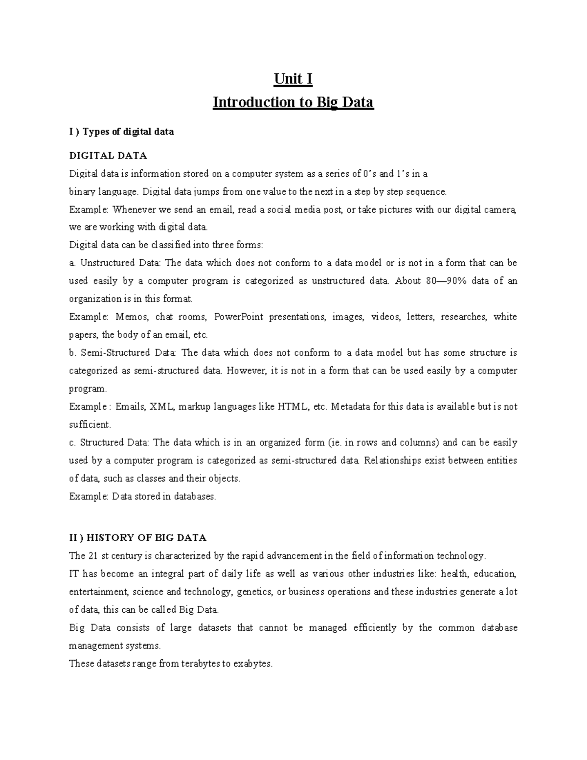 Big data notes 3rd year - Unit I Introduction to Big Data I ) Types of ...