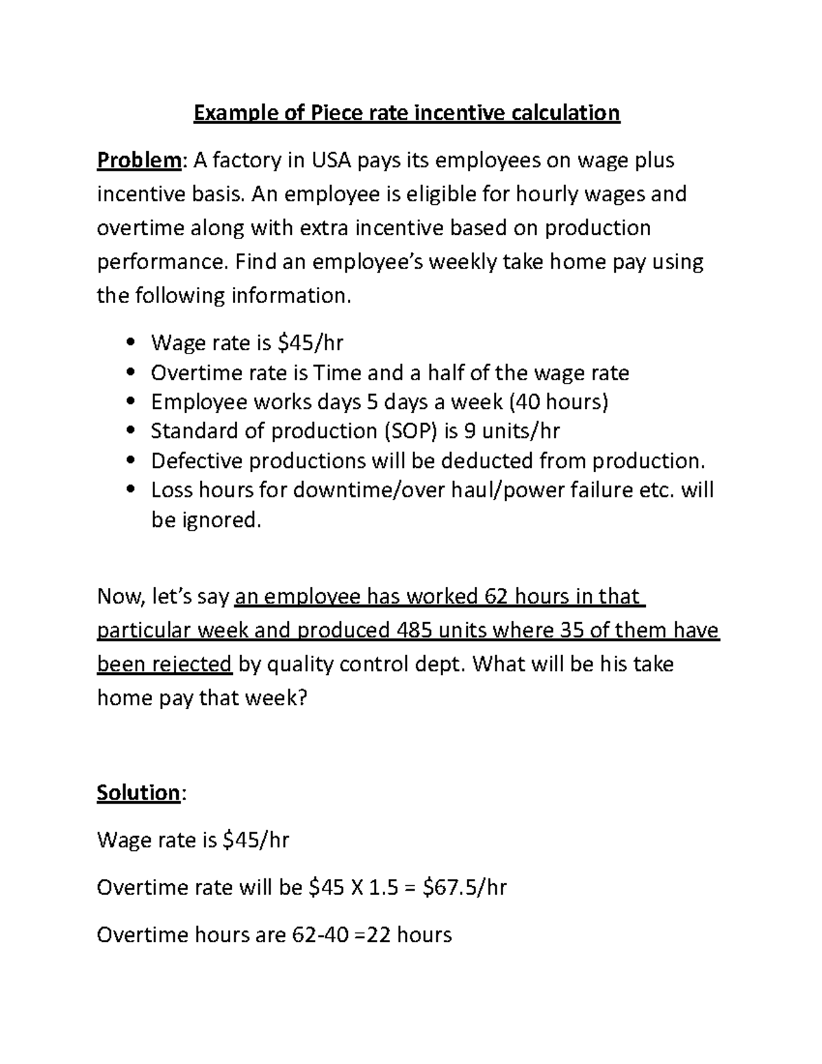 Piece rate incentive calculation (Pay for Performance Topic)-1 ...