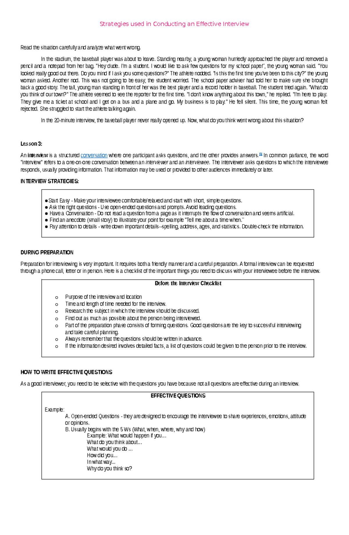 Strategies used in Conducting an Effective Interview - In the stadium ...