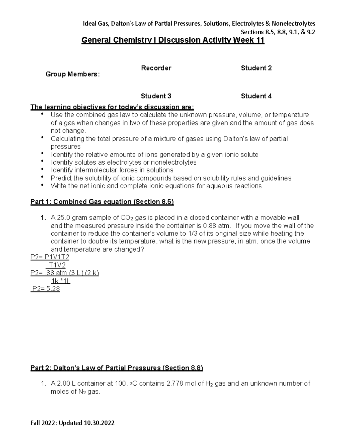 Discussion Week 11 - chem - Sec 4 ons 8, 8, 9, & 9. General Chemistry I ...