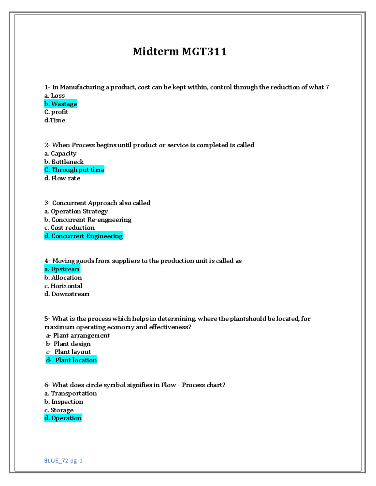 MGT 311- Midterm - 2021-2022 - Midterm MGT 1 - In Manufacturing a ...