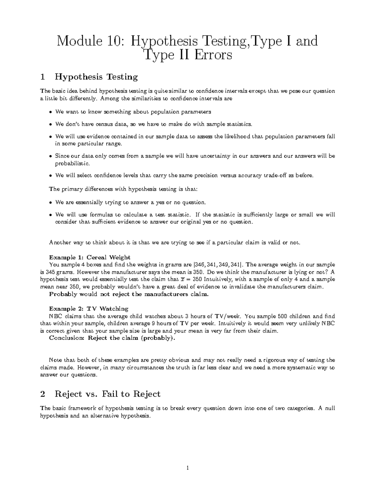 Module 10 Notes - Module 10: Hypothesis Testing,Type I and Type II ...